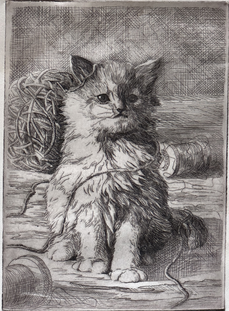 Joshua Meador etching, Cat with Ball of Yarn c 1937-39