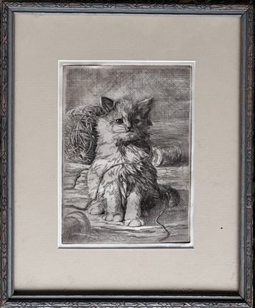 Joshua Meador etching, Cat with Ball of Yarn c 1937-39